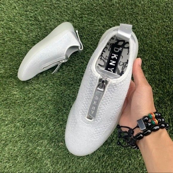Dkny | Shoes | Dkny Women Susansilver Metallic Knit Front Zip Slip On ...